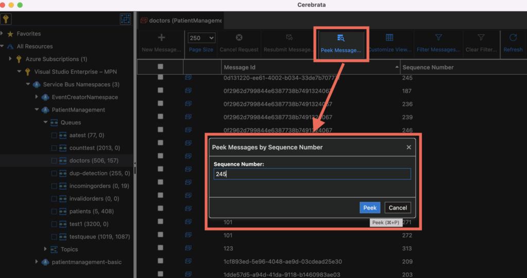 Peek Messages by sequence number in Azure Service bus